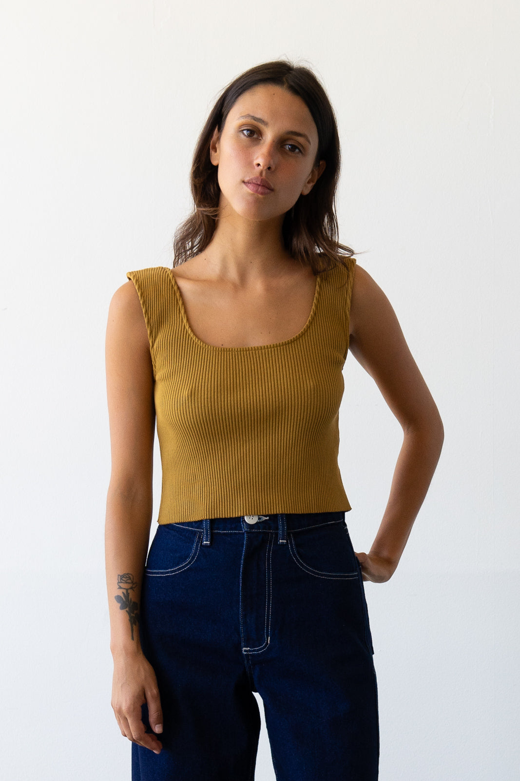 Ribbed Knit U-Neck Tank in Mustard Gold – Waltz